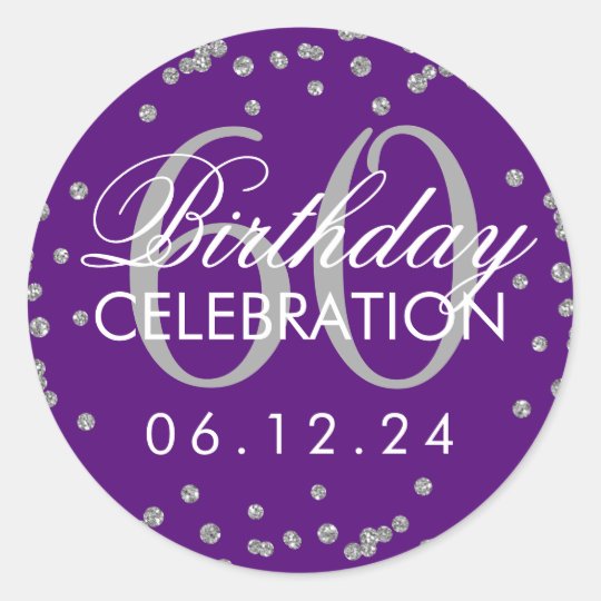 Silver Purple 60th Birthday Glitter Confetti Classic Round Sticker ...