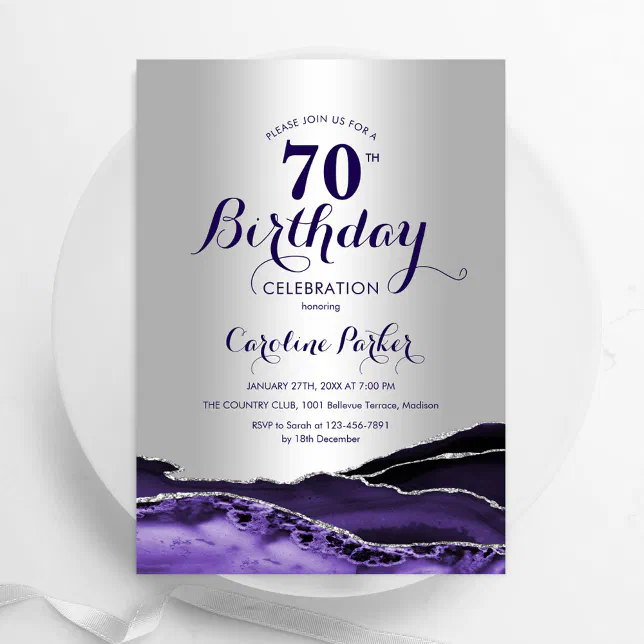 Silver Purple Agate 70th Birthday Invitation | Zazzle