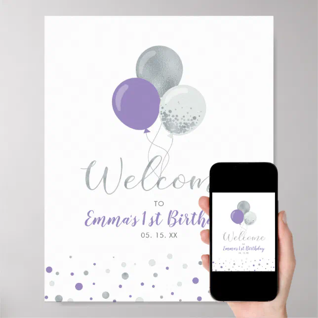 Silver & Purple Balloons Girl 1st Birthday Welcome Poster | Zazzle