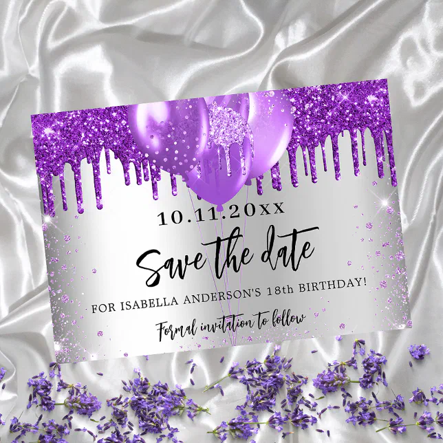Silver purple balloons glitter birthday party save the date | Zazzle