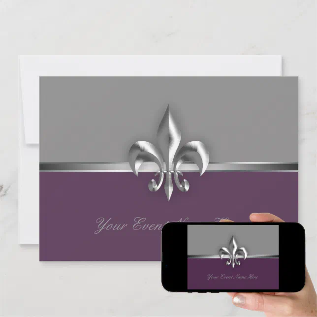 Silver Purple Fleur de Lis Event Invitation | Zazzle