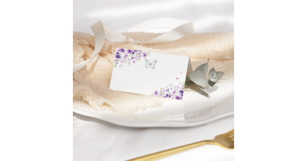 Silver purple floral butterfly place card | Zazzle