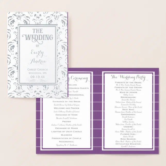 Silver Purple Foil Vintage Damask WEDDING PROGRAM | Zazzle