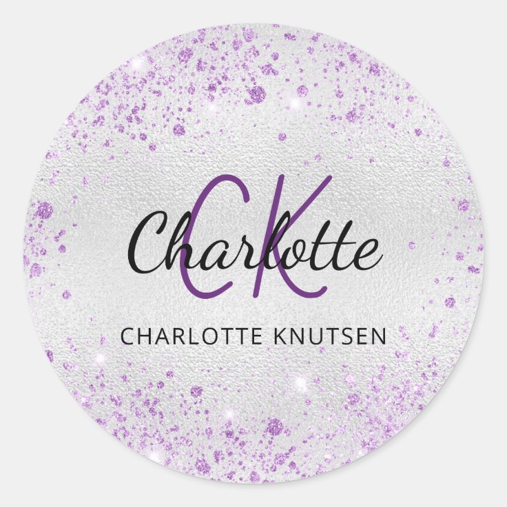 Silver purple glitter dust monogram initials name classic round sticker ...