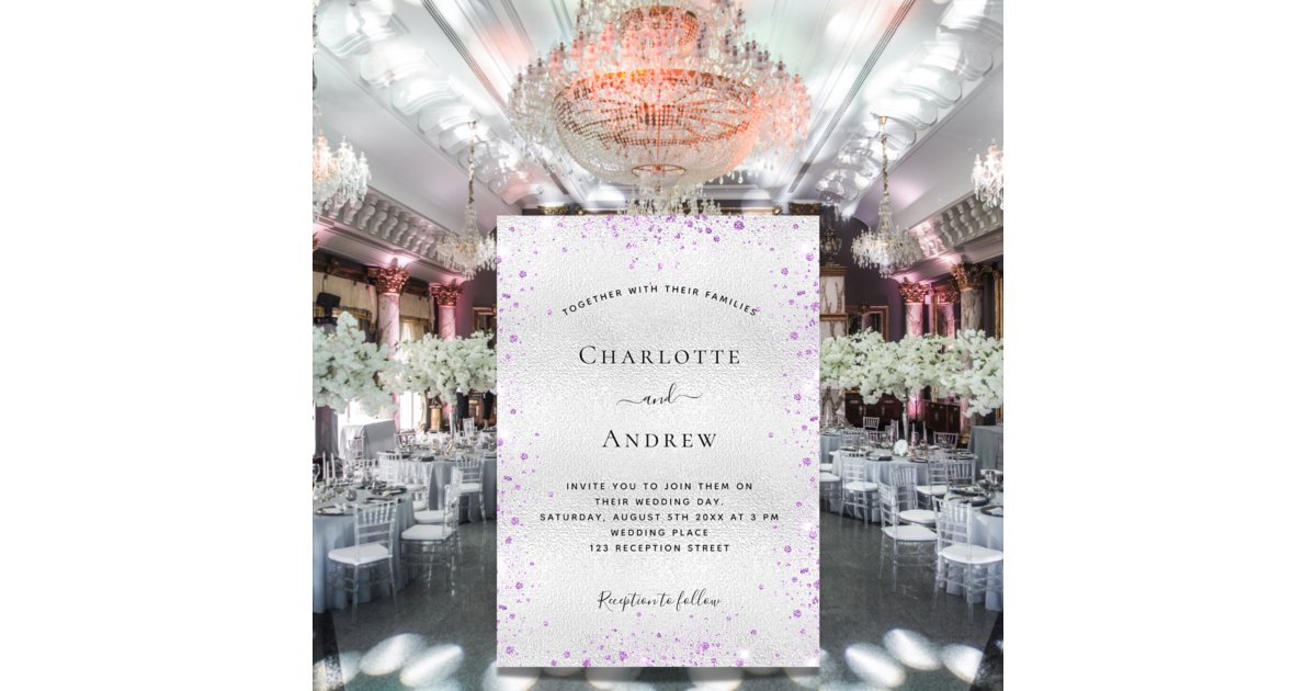 Silver purple glitter elegant wedding invitation | Zazzle