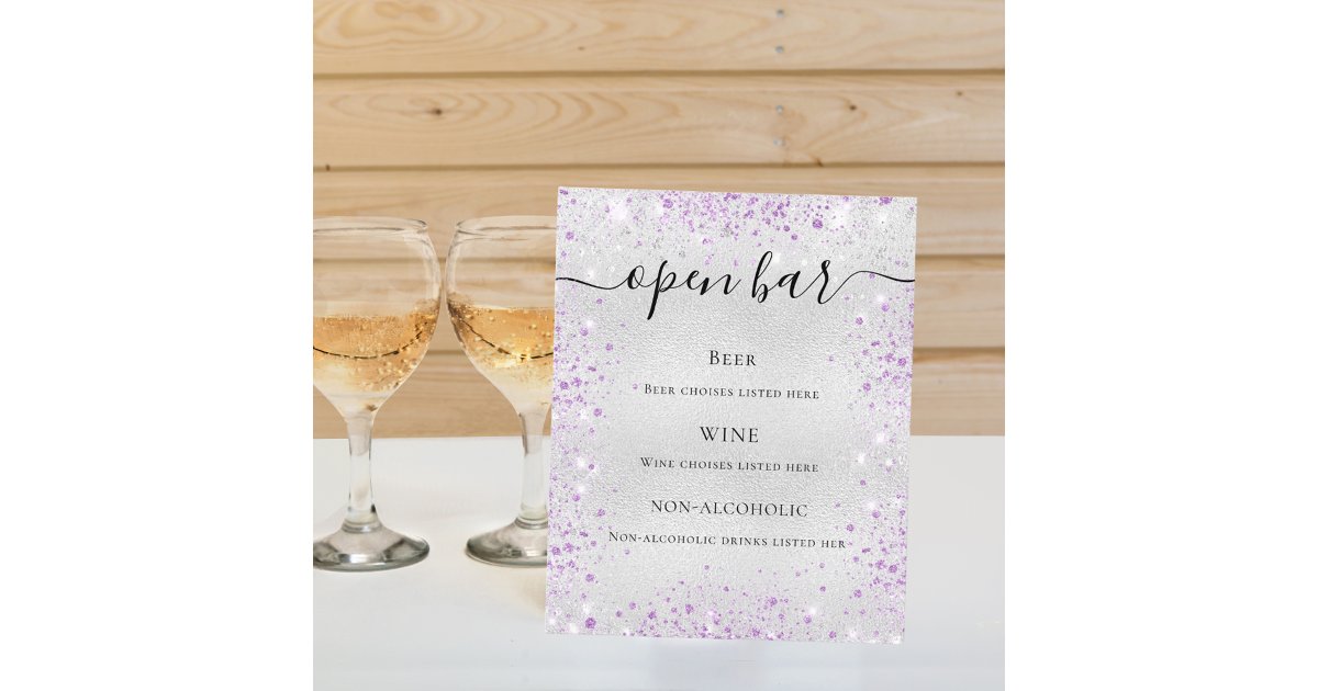 Silver purple glitter sparkles script bar menu | Zazzle