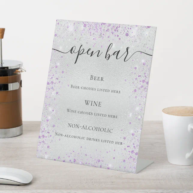 Silver purple glitter sparkles script bar menu pedestal sign | Zazzle