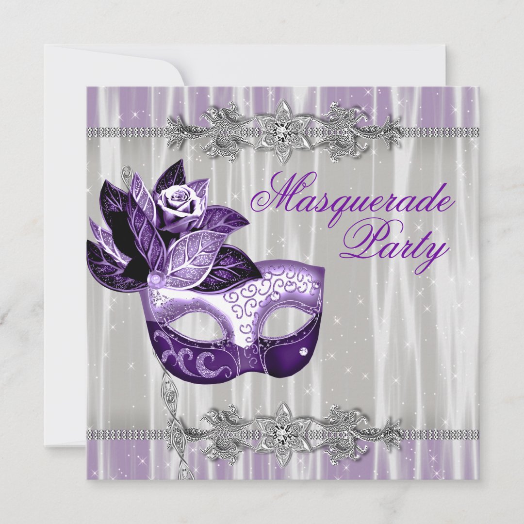 Silver Purple Sparkles Purple Masquerade Party Invitation | Zazzle