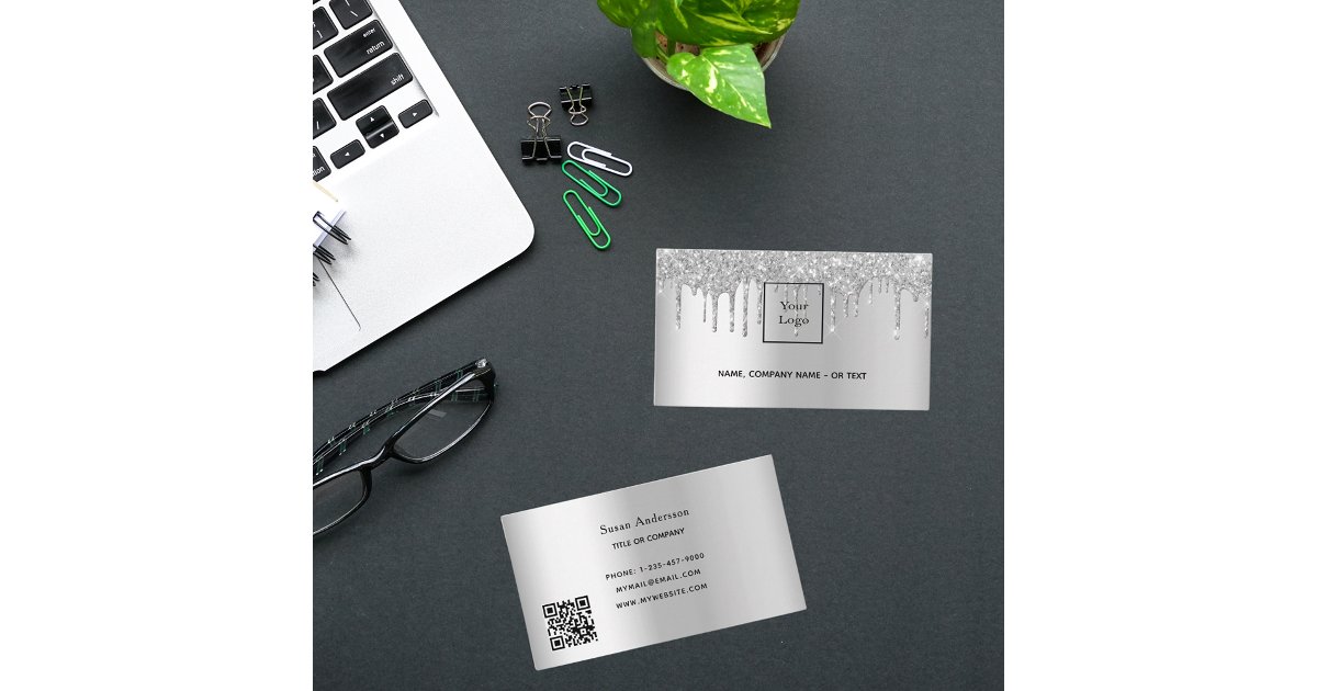 Silver QR code glitter drips female Business Card | Zazzle