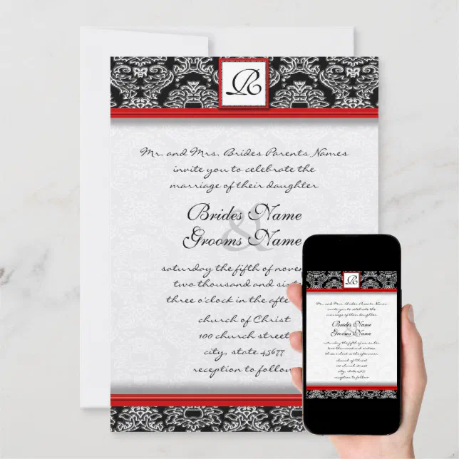 Silver Red and Black Damask Wedding Invitation | Zazzle