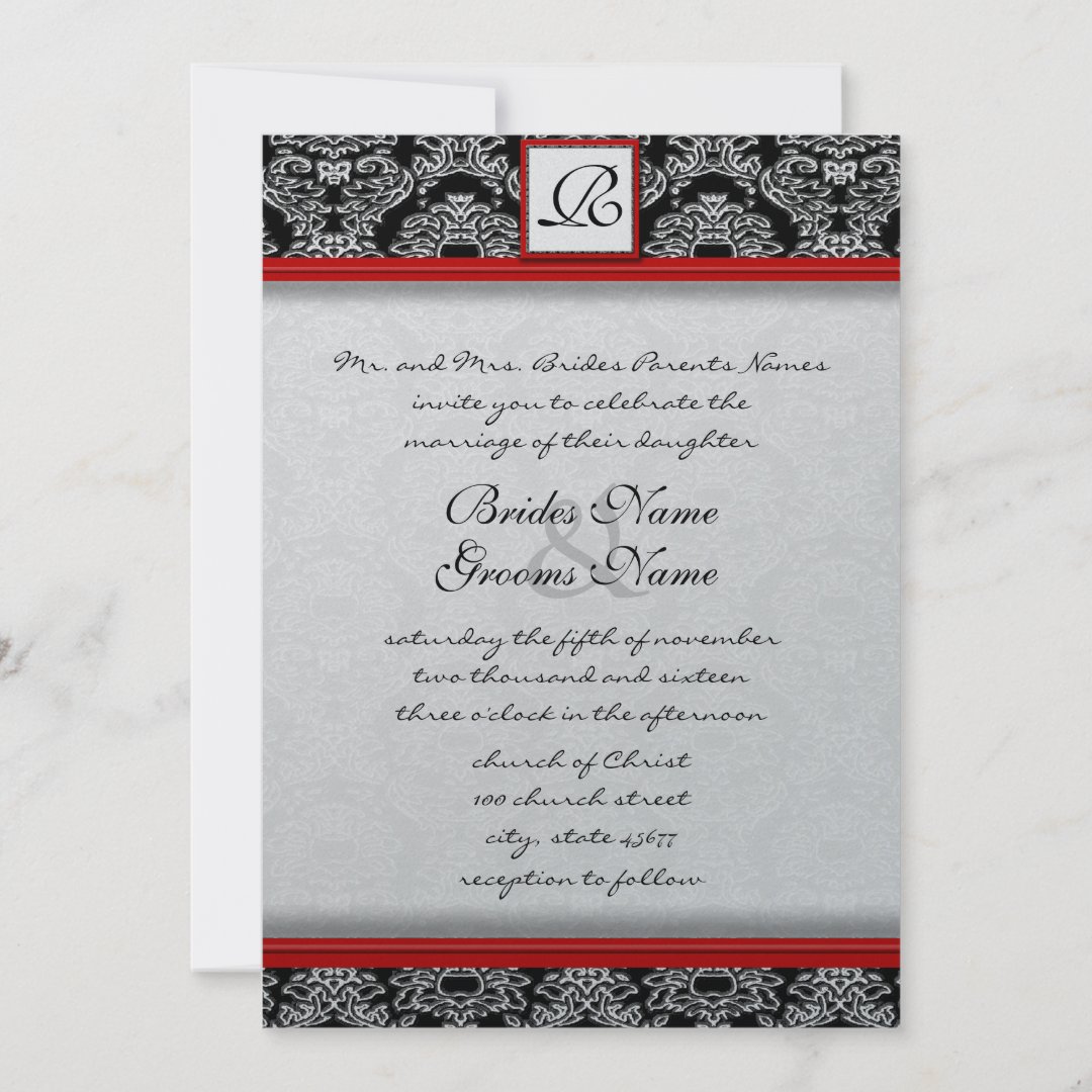 Silver Red and Black Damask Wedding Invitation | Zazzle