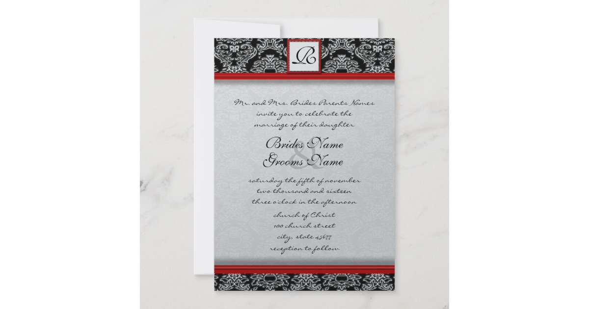 Silver Red and Black Damask Wedding Invitation | Zazzle