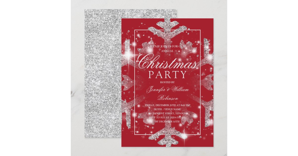 Silver Red Snowflake Xmas Holiday Party Invitation | Zazzle