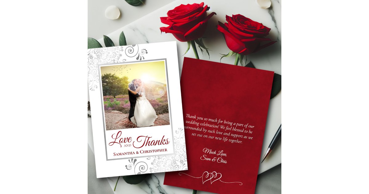 Silver Red & White Love Thanks Photo Note Wedding Thank You Card | Zazzle