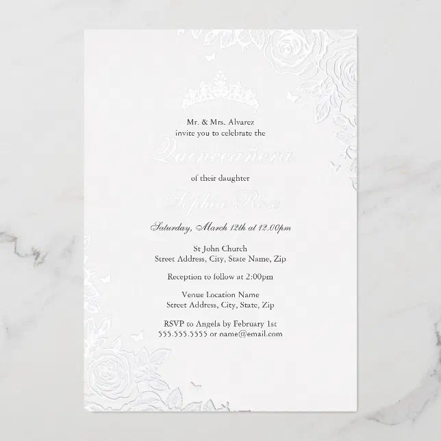 Silver Rose Floral Quinceanera Birthday Foil Invitation | Zazzle