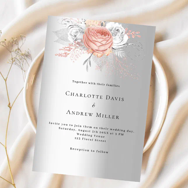 Silver rose gold floral elegant wedding invitation | Zazzle