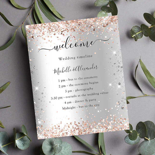 Silver rose gold glitter wedding budget program flyer | Zazzle