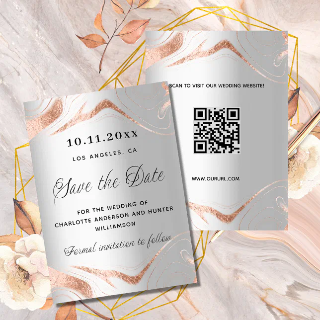 Silver rose gold marble modern QR code wedding Save The Date | Zazzle