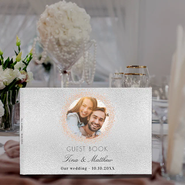 Silver rose gold photo sparkles elegant wedding guest book | Zazzle