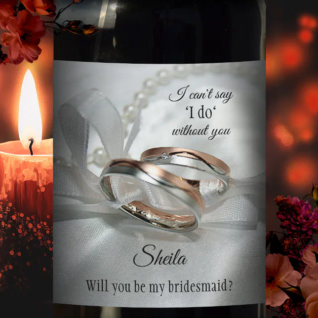 Silver Rose Gold Rings Wedding Wine Label | Zazzle