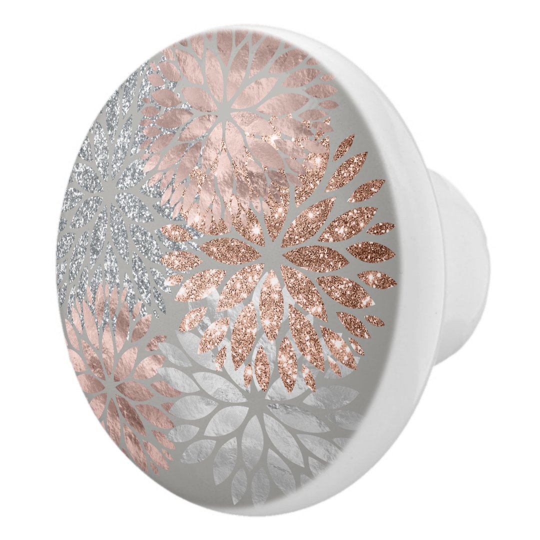 Silver Rose Gold Shimmer Sparkle Dahlia Flowers Ceramic Knob | Zazzle