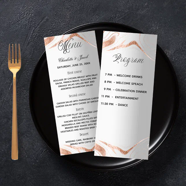 Silver rose gold wedding dinner menu program card | Zazzle