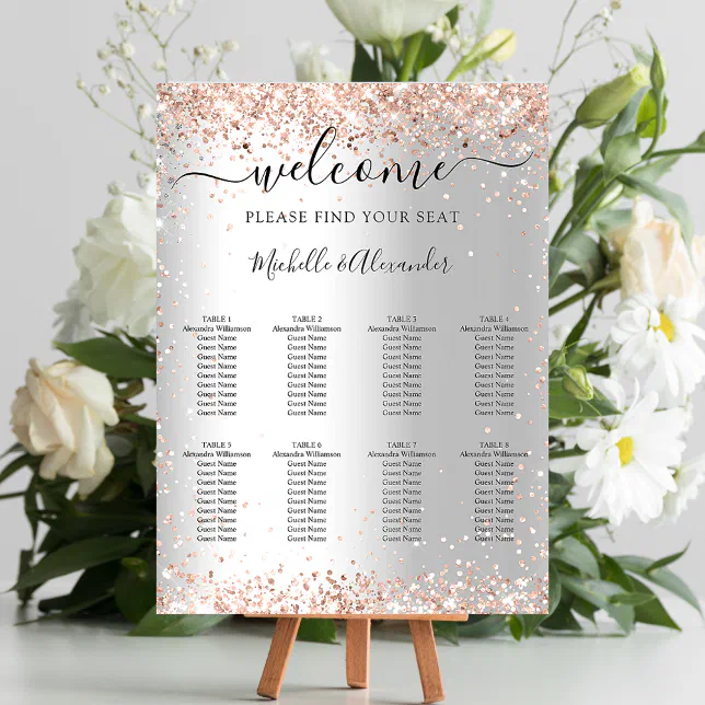 Silver rose gold wedding seating chart | Zazzle