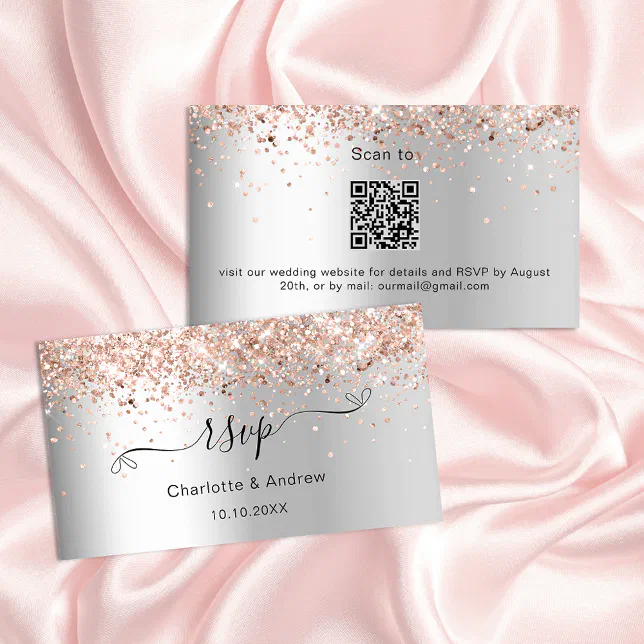 Silver rose gold wedding website RSVP QR code Enclosure Card | Zazzle