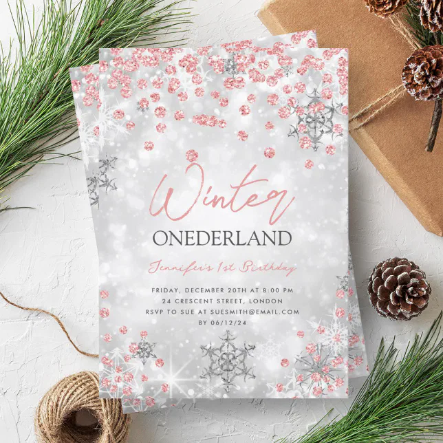 Silver Rose Gold Winter ONEDERLAND 1st Birthday Invitation | Zazzle