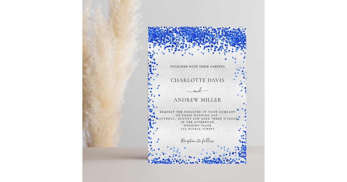 Silver royal blue confetti luxury wedding invitation | Zazzle