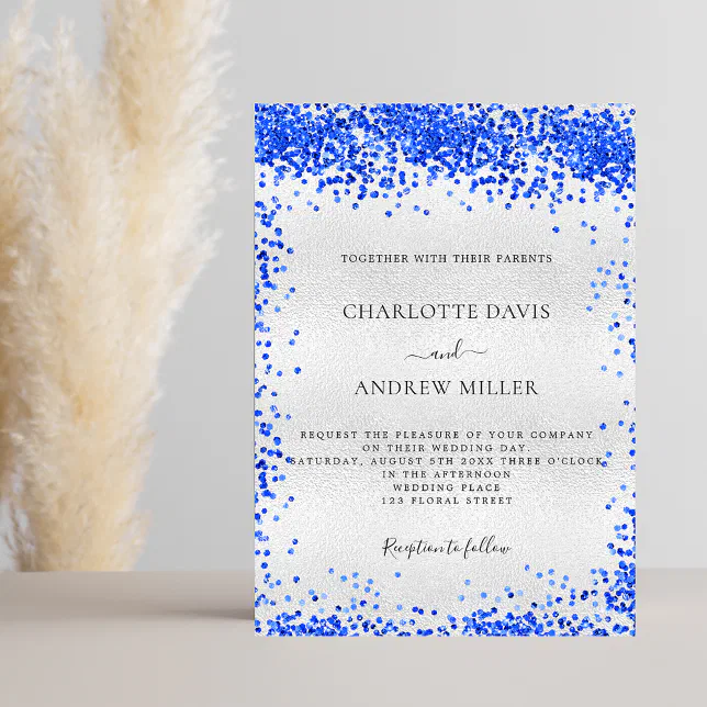 Silver royal blue confetti luxury wedding invitation | Zazzle