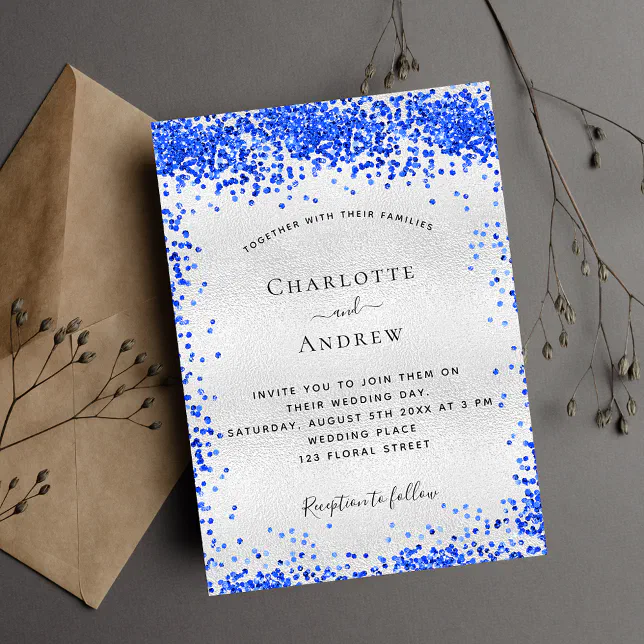 Silver royal blue confetti wedding invitation | Zazzle