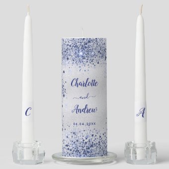 Silver royal blue glitter dust names wedding unity candle set | Zazzle