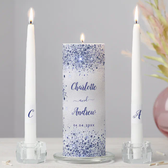 Silver royal blue glitter dust names wedding unity candle set | Zazzle