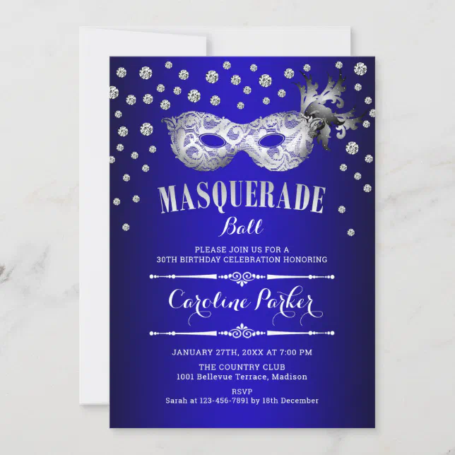 Silver Royal Blue Masquerade Ball Birthday Party Invitation | Zazzle