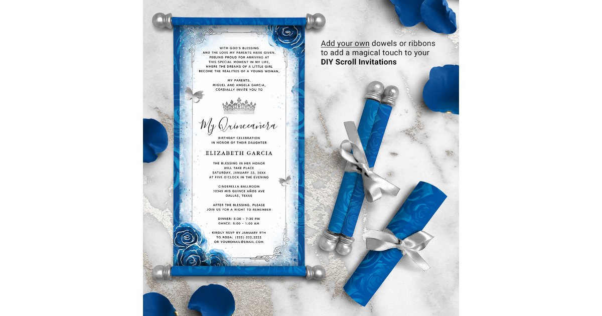 Silver Royal Blue Quince DIY Scroll Invitations | Zazzle
