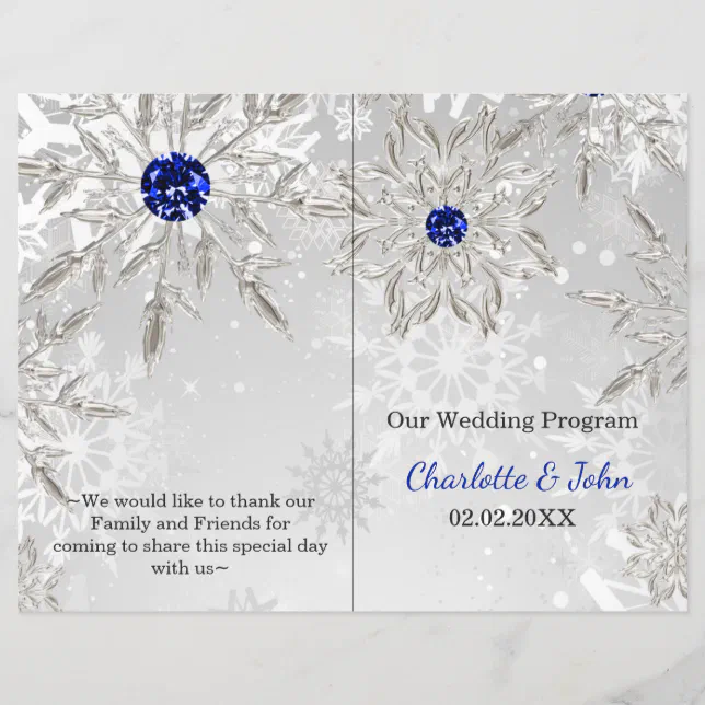 silver royal blue snowflake winter wedding program | Zazzle