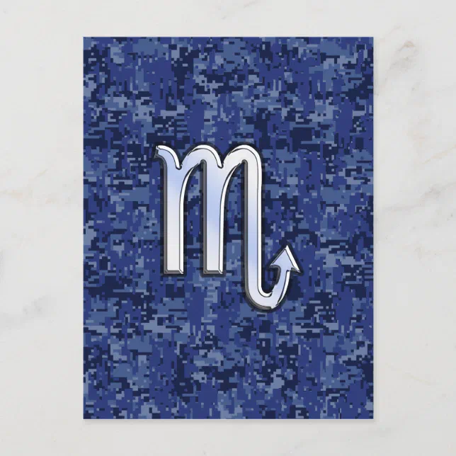 Silver Scorpio Zodiac Sign on Navy Blue Camo Postcard | Zazzle
