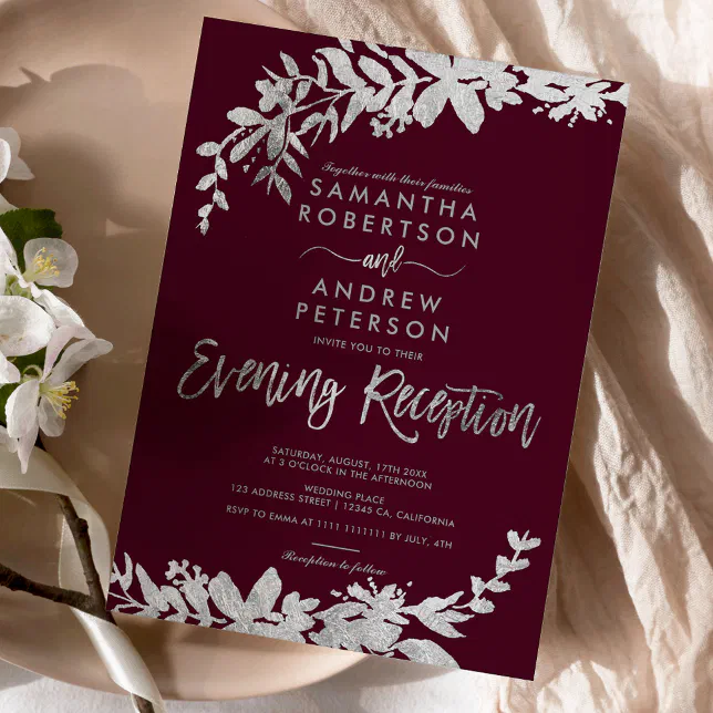 SIlver script floral burgundy evening reception Invitation | Zazzle