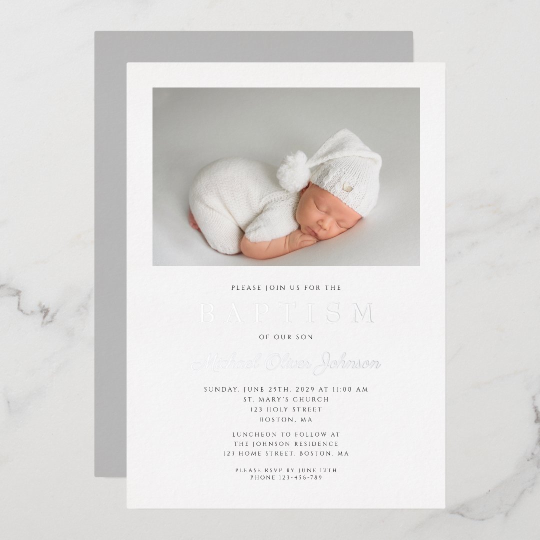 Silver Script Modern Gray Photo Boy Baptism Foil Invitation | Zazzle