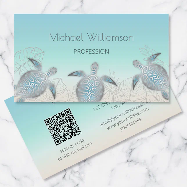 Silver Sea Turtle | Coastal QR Code Business Card | Zazzle