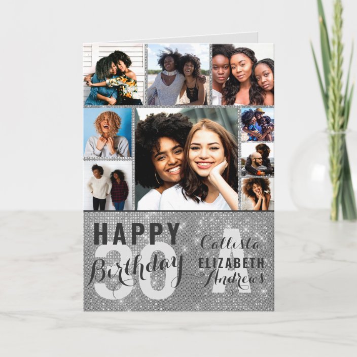 Silver Sequin Photo Collage Happy Birthday Card | Zazzle.com