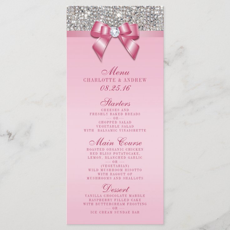 Silver Sequin Pink Bow Wedding Collection Menu | Zazzle