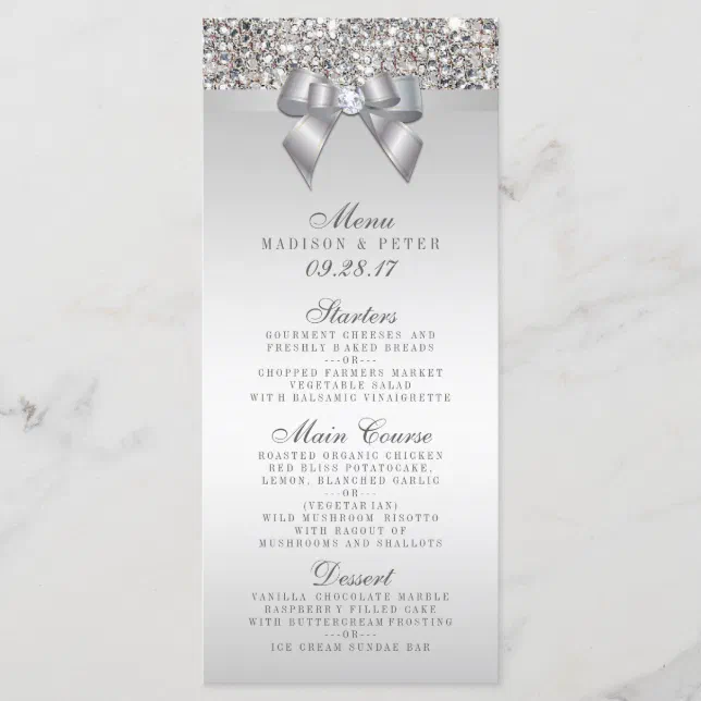 Silver Sequins Bow Wedding Menu | Zazzle