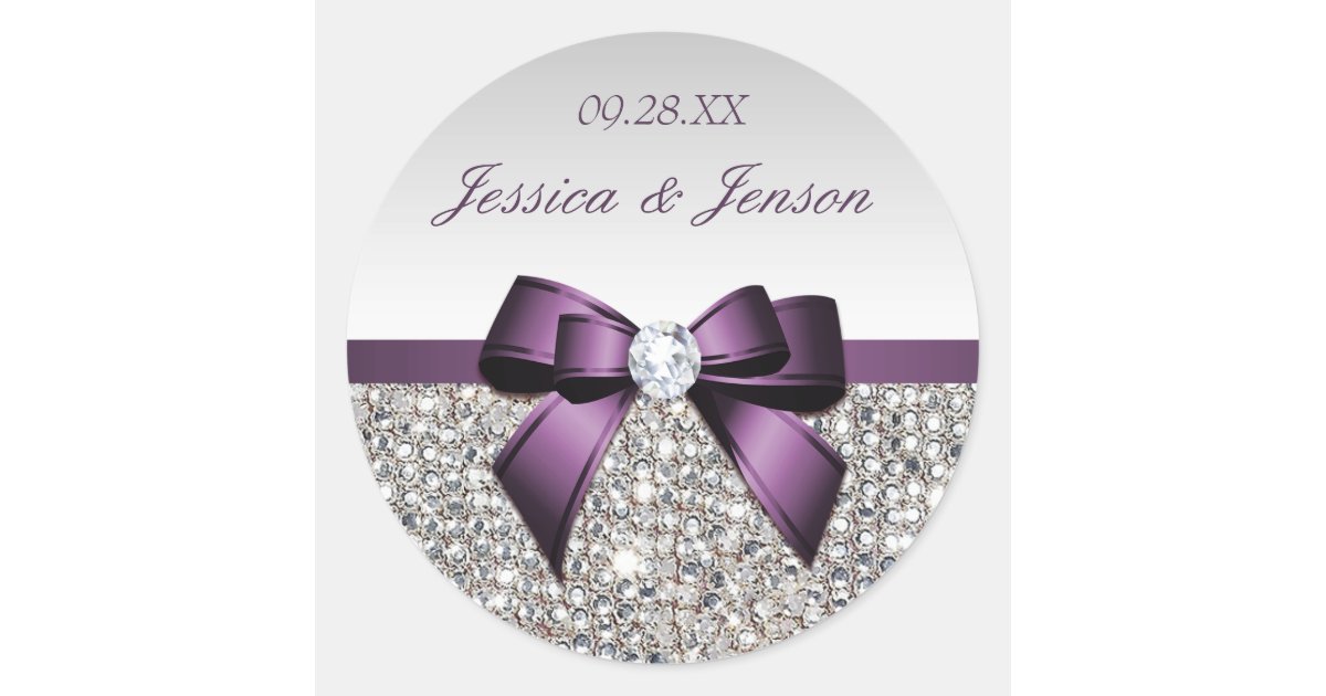 Silver Sequins Purple Bow and Diamond Wedding Classic Round Sticker ...