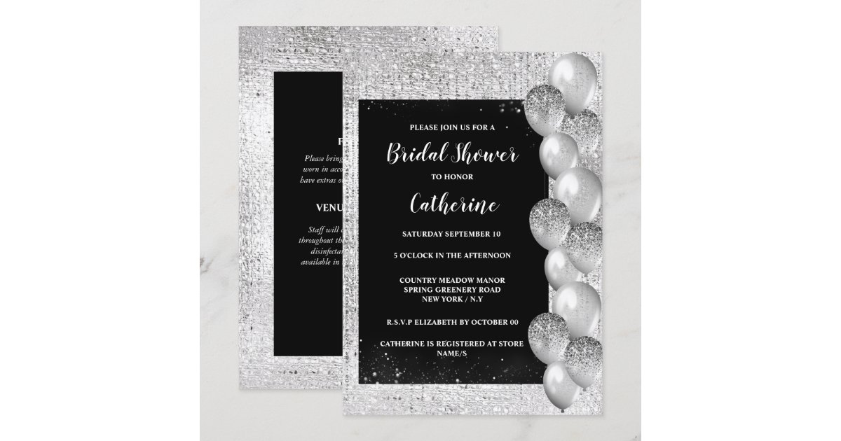 Silver shimmer balloon on black luxurious elegant invitation | Zazzle