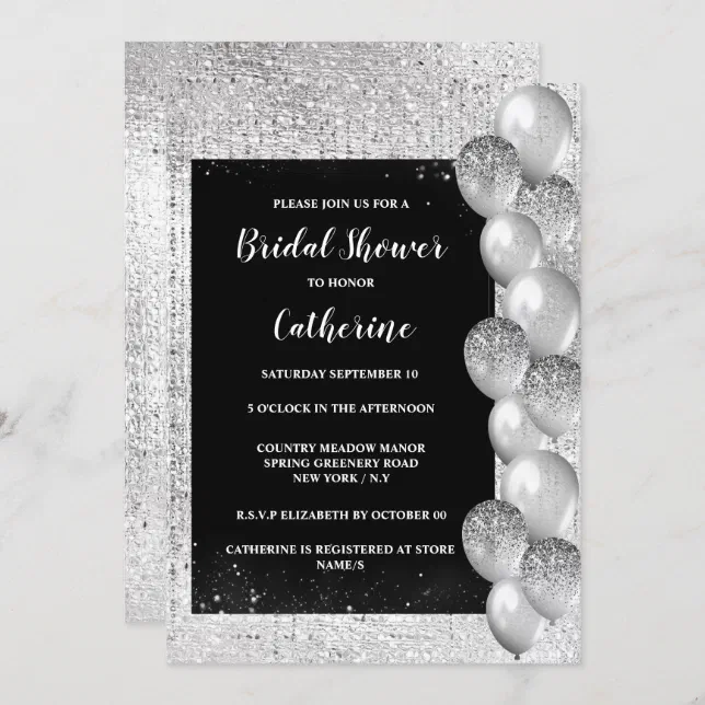 Silver shimmer balloon on black luxurious elegant invitation | Zazzle