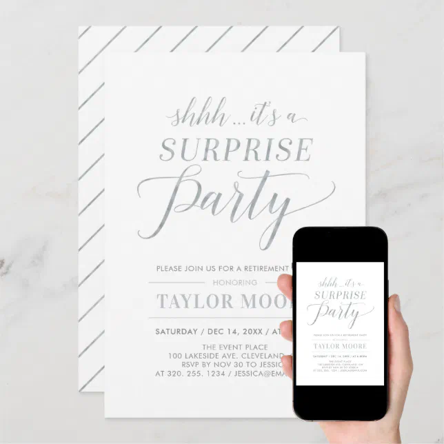 Silver | Simple Modern Surprise Retirement Party Invitation | Zazzle