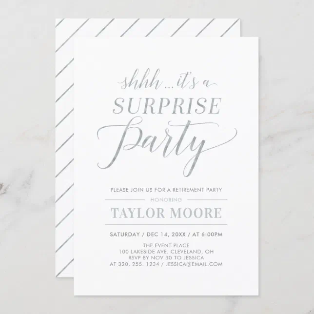 Silver | Simple Modern Surprise Retirement Party Invitation | Zazzle