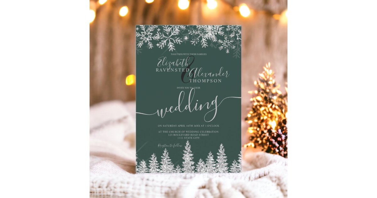 Silver snow pine Christmas winter green wedding Invitation | Zazzle